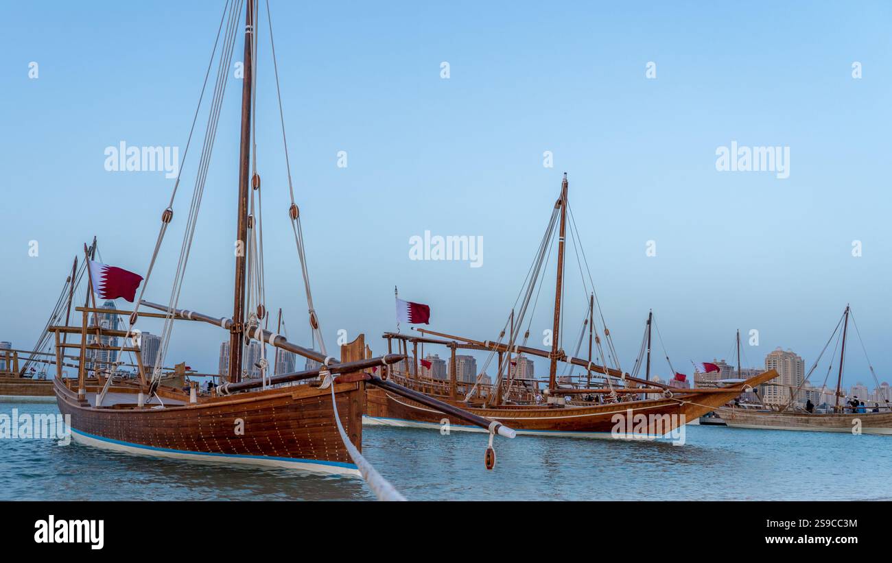 Doha, Qatar-January 22, 2025: A traditional dhow boat, an iconic symbol ...