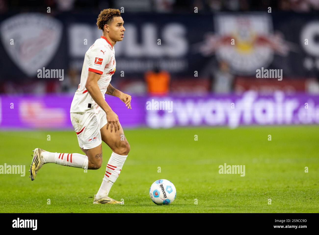 Leipzig, Germany. 25th, January 2025. Antonio Nusa (7) of RB Leipzig ...