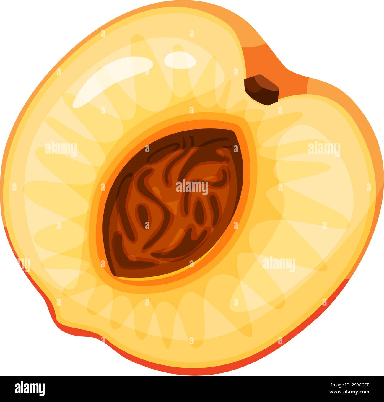 Peach cut in half with visible seed, showing the juicy yellow flesh and ...