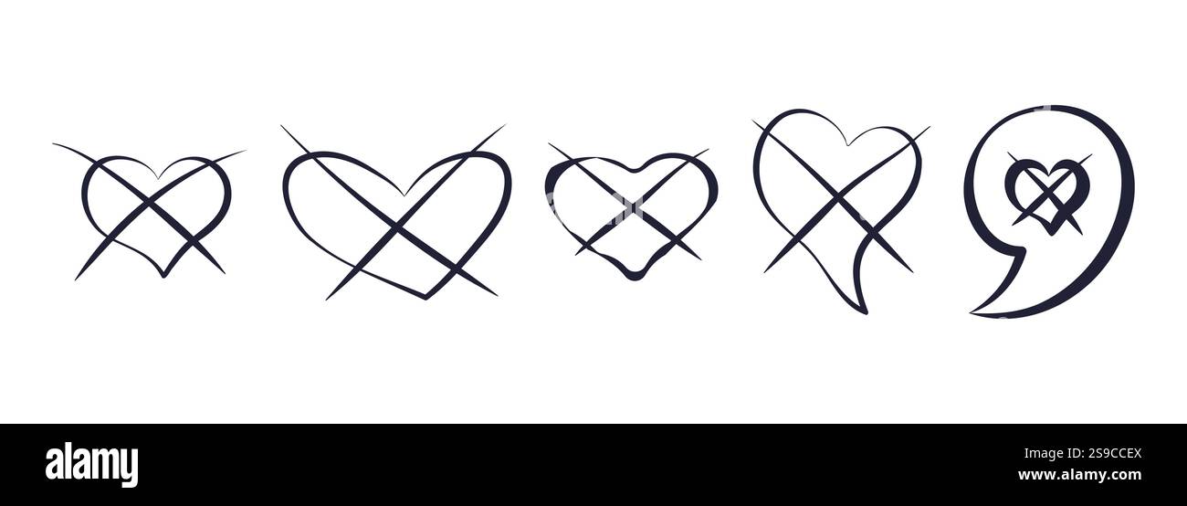 Crossed Hearts and Broken Love Symbols. Hand drawn crossed-out hearts ...