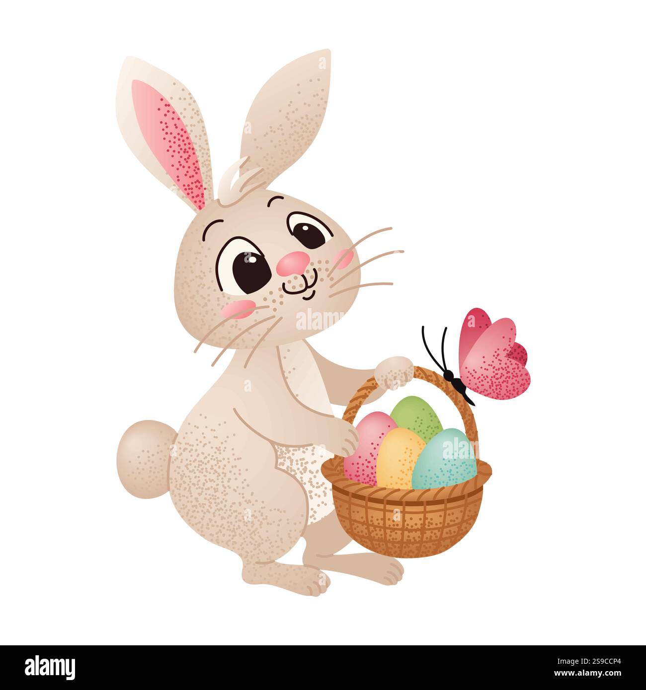 Cute Easter Bunny Holding Basket of Eggs. Easter bunny holding a wicker ...