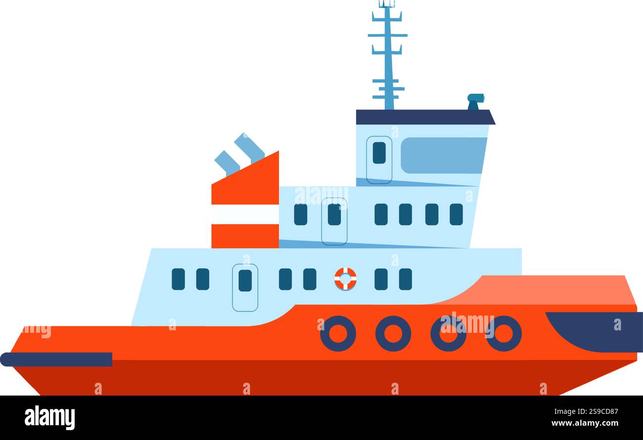 Colorful tugboat sailing on white background, maritime transport ...