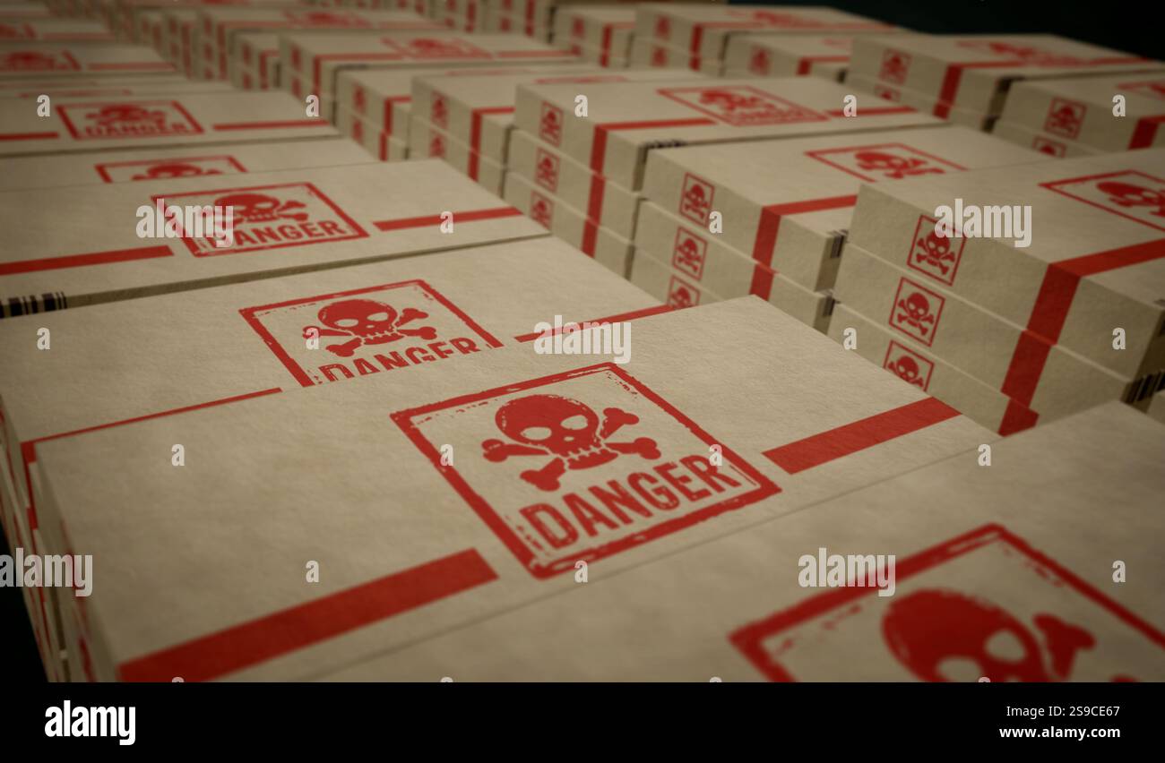 Danger with skull symbol box production line. Toxic hazard sign ...