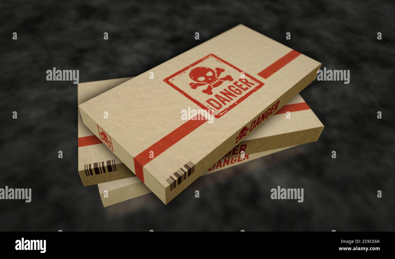 Danger with skull symbol box production line. Toxic hazard sign ...