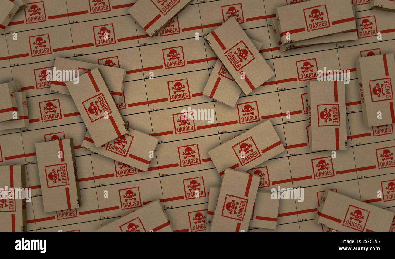 Danger with skull symbol box production line. Toxic hazard sign ...