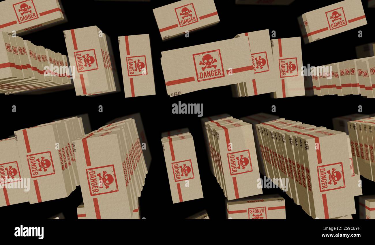 Danger with skull symbol box production line. Toxic hazard sign ...