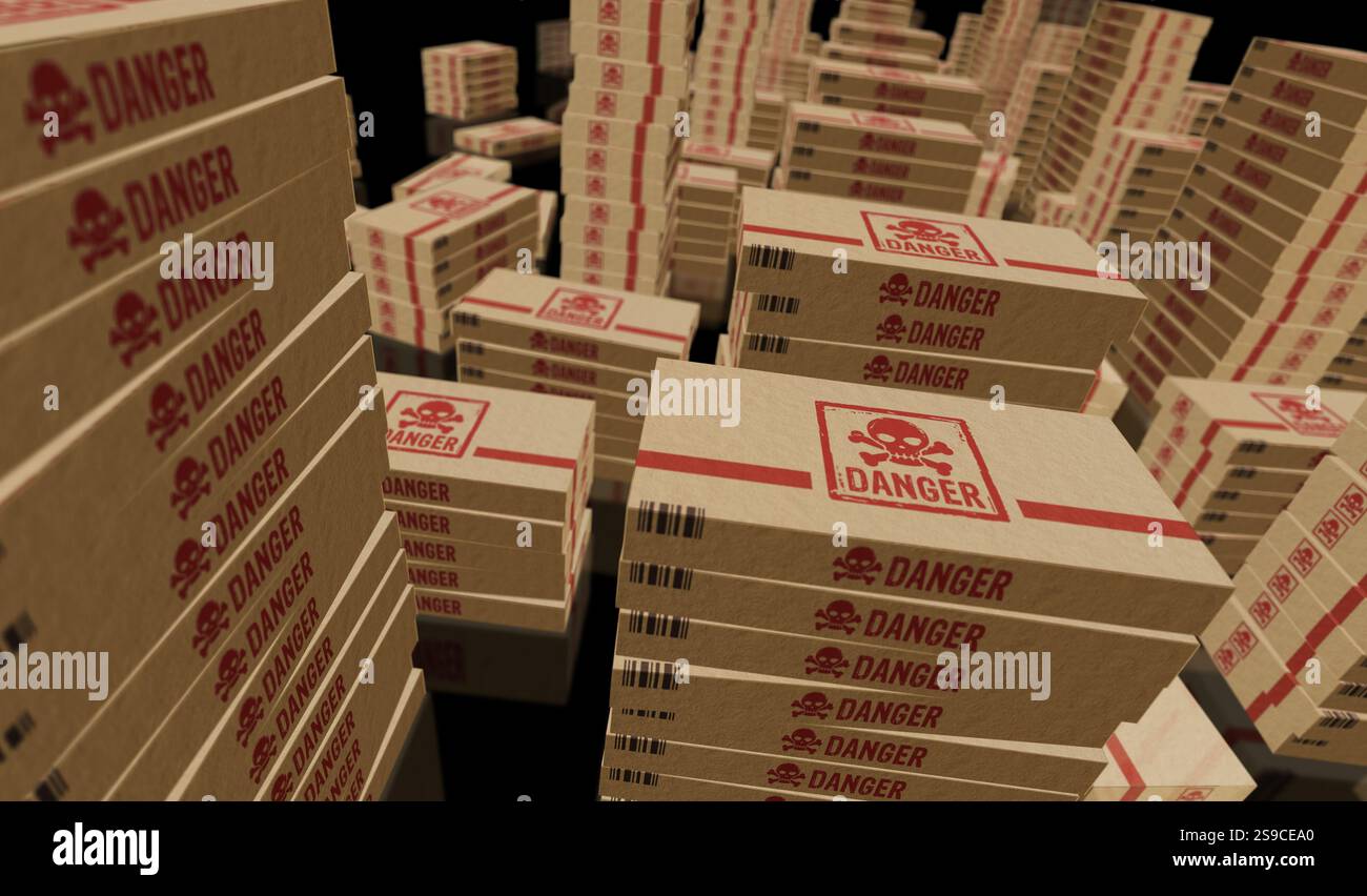 Danger with skull symbol box production line. Toxic hazard sign ...
