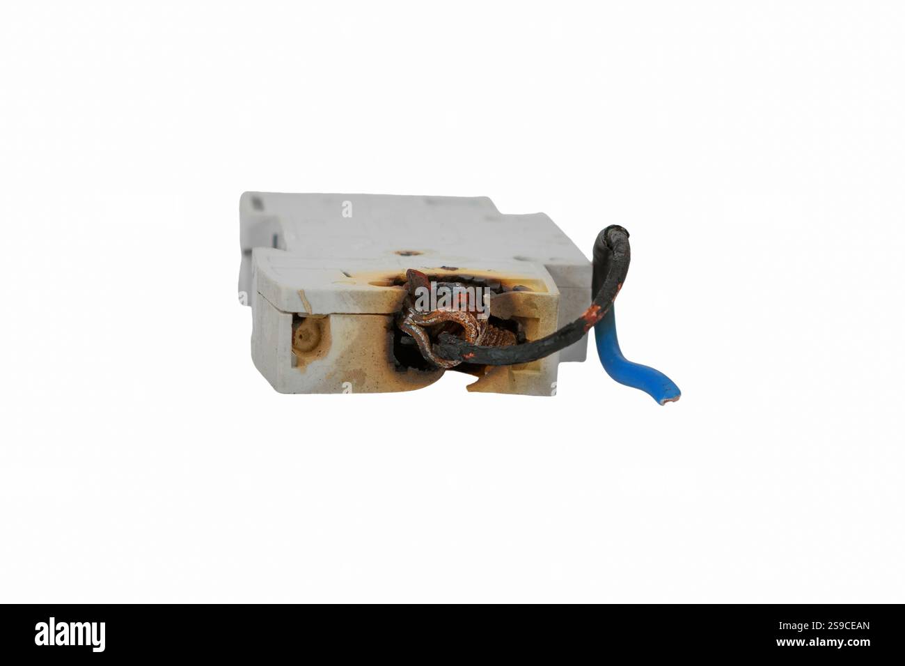 Burned electrical circuit breaker, fuse box on white background. The ...