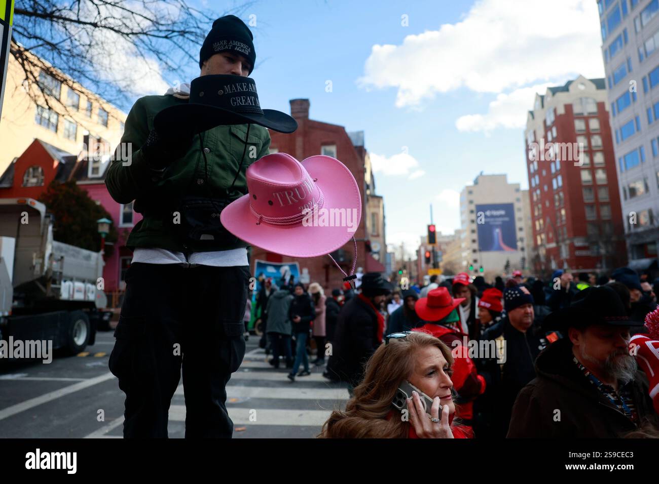 Vendors sell Donald Trump merchandise on Inauguration Day. Trump was ...