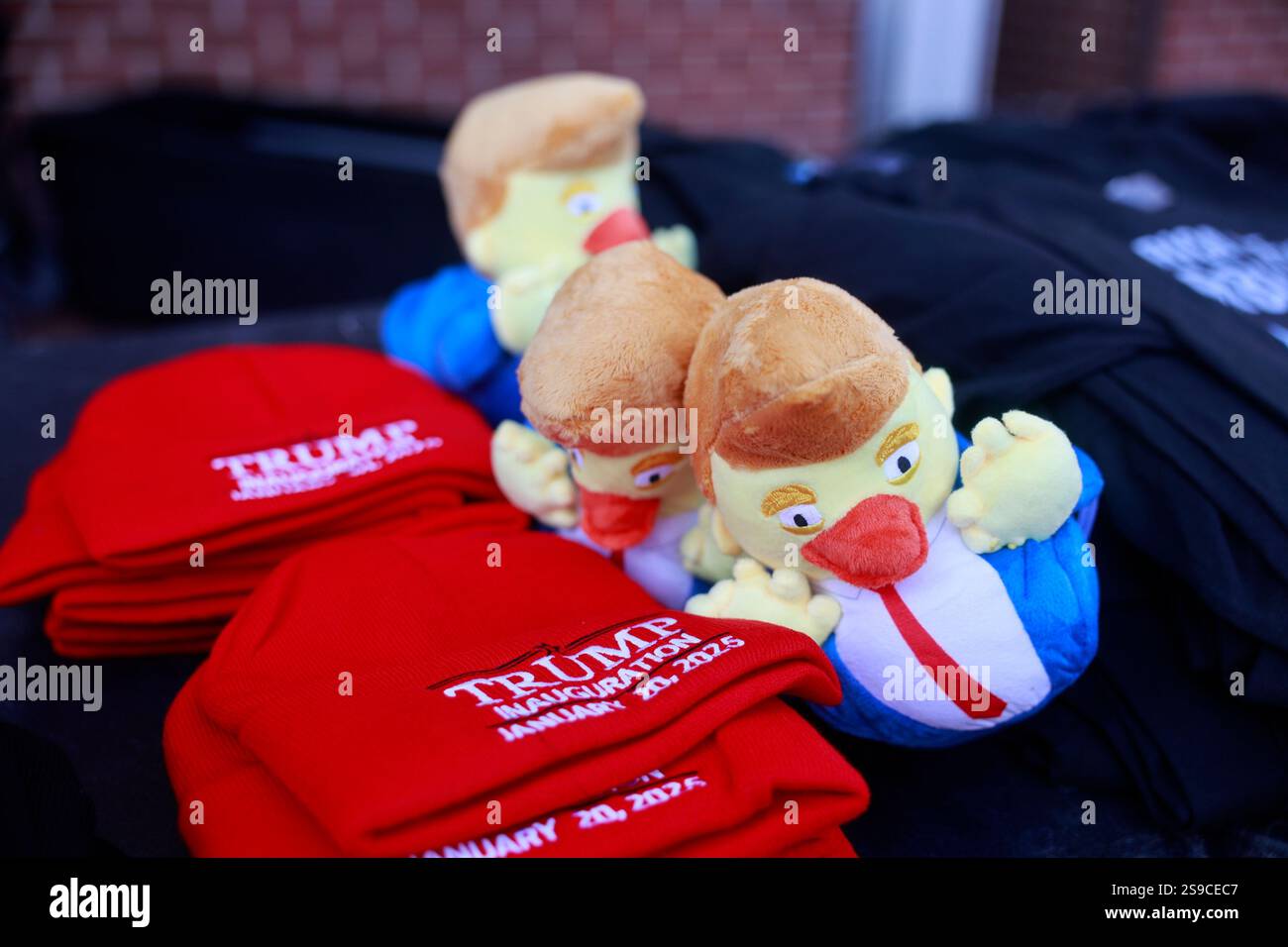 Vendors sell Donald Trump merchandise including hats and ducks on ...