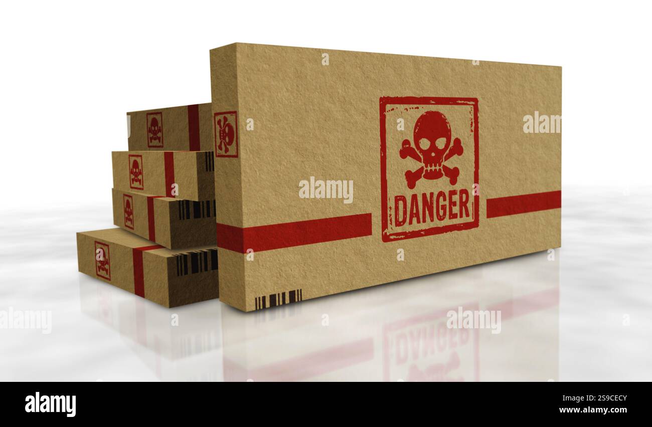 Danger with skull symbol box production line. Toxic hazard sign ...