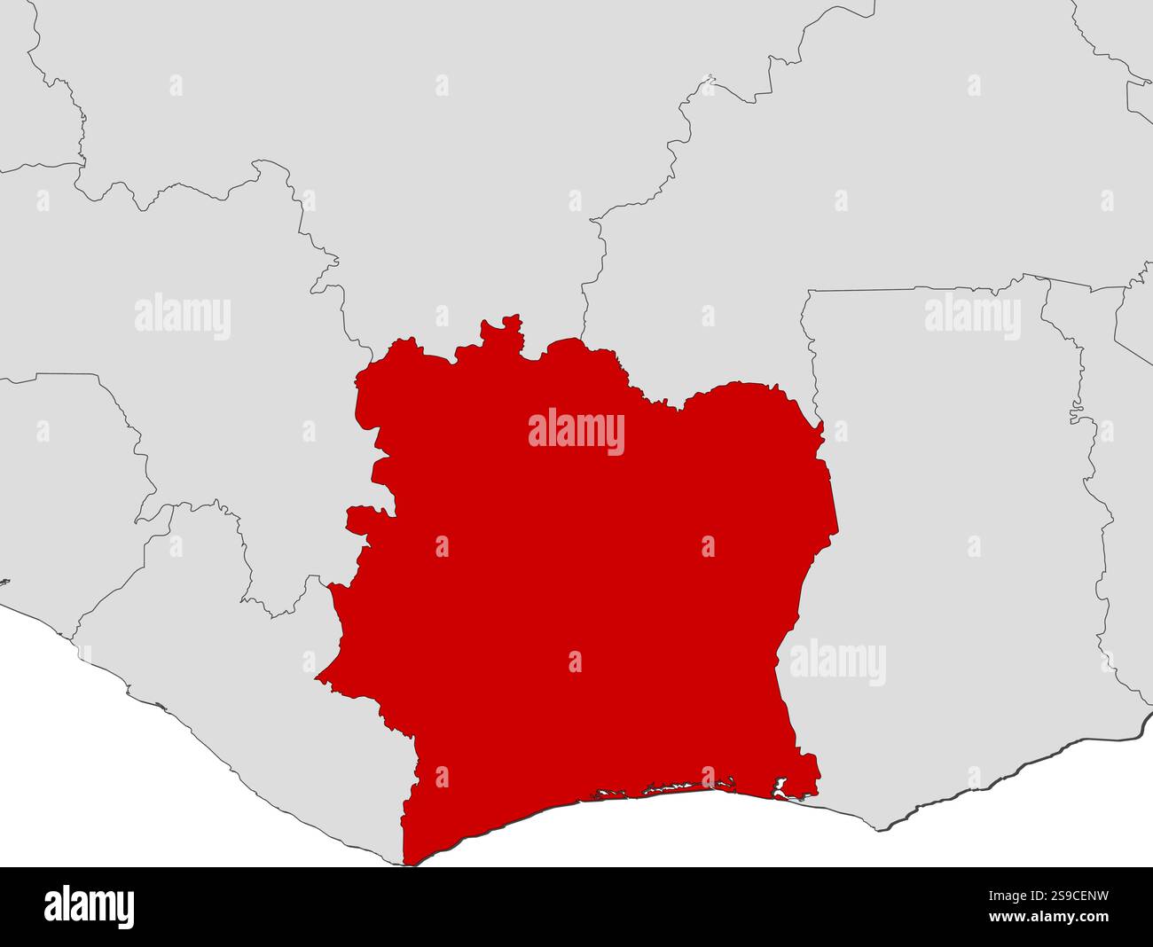 Map of Ivory Coast and nearby countries, Ivory Coast is highlighted in ...