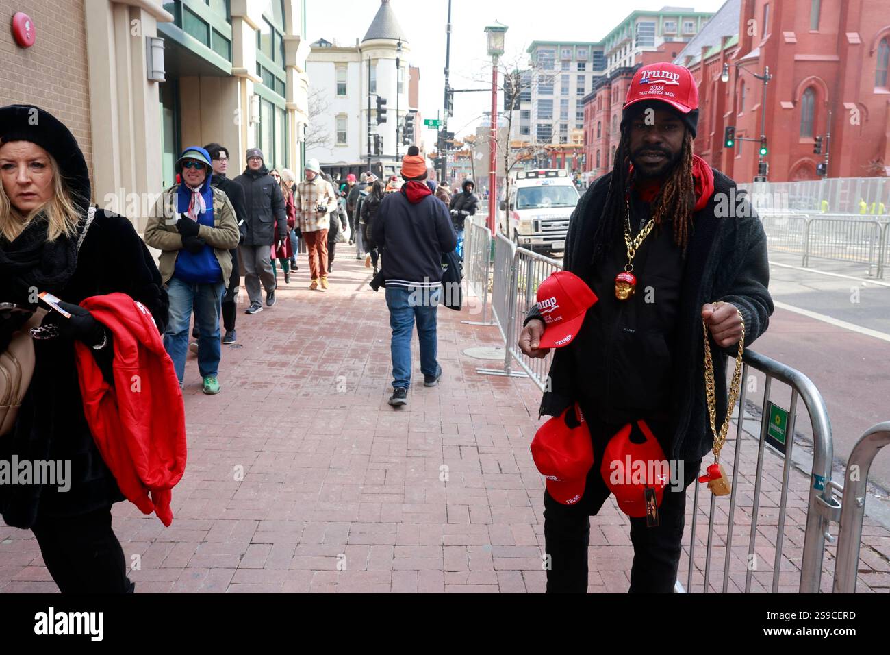 Vendors sell Donald Trump merchandise on Inauguration Day. Trump was ...