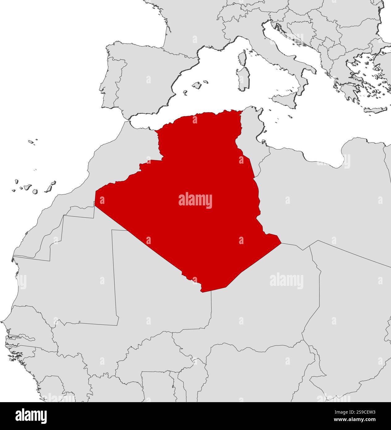 Map of Algeria and nearby countries, Algeria is highlighted in red ...