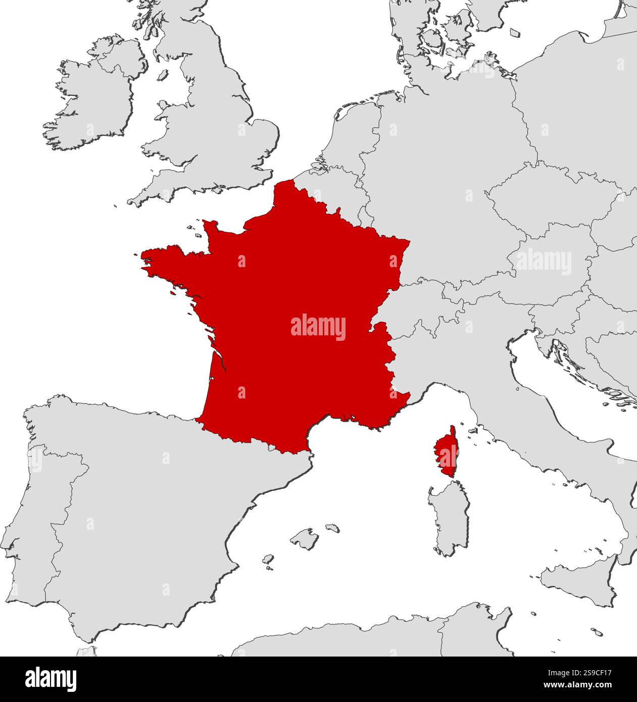 Map of France and nearby countries, France is highlighted in red Stock ...