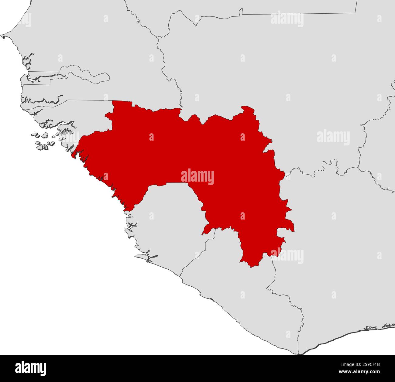 Map of Guinea and nearby countries, Guinea is highlighted in red Stock ...
