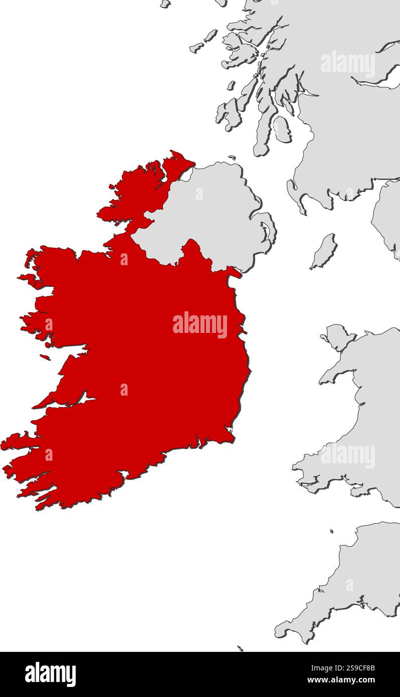 Map of Ireland and nearby countries, Ireland is highlighted in red ...