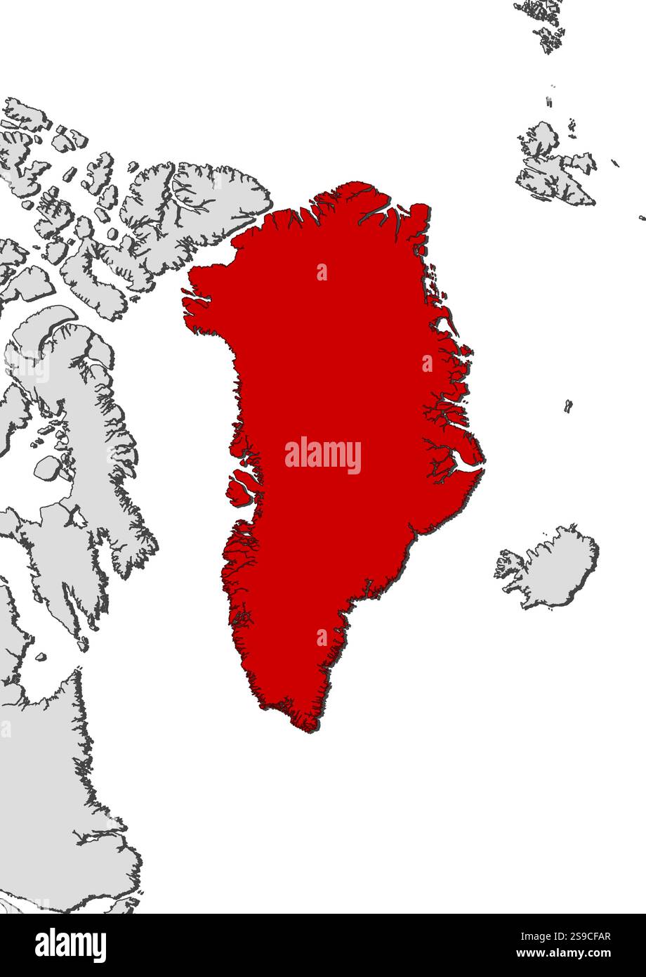 Map of Greenland and nearby countries, Greenland is highlighted in red ...