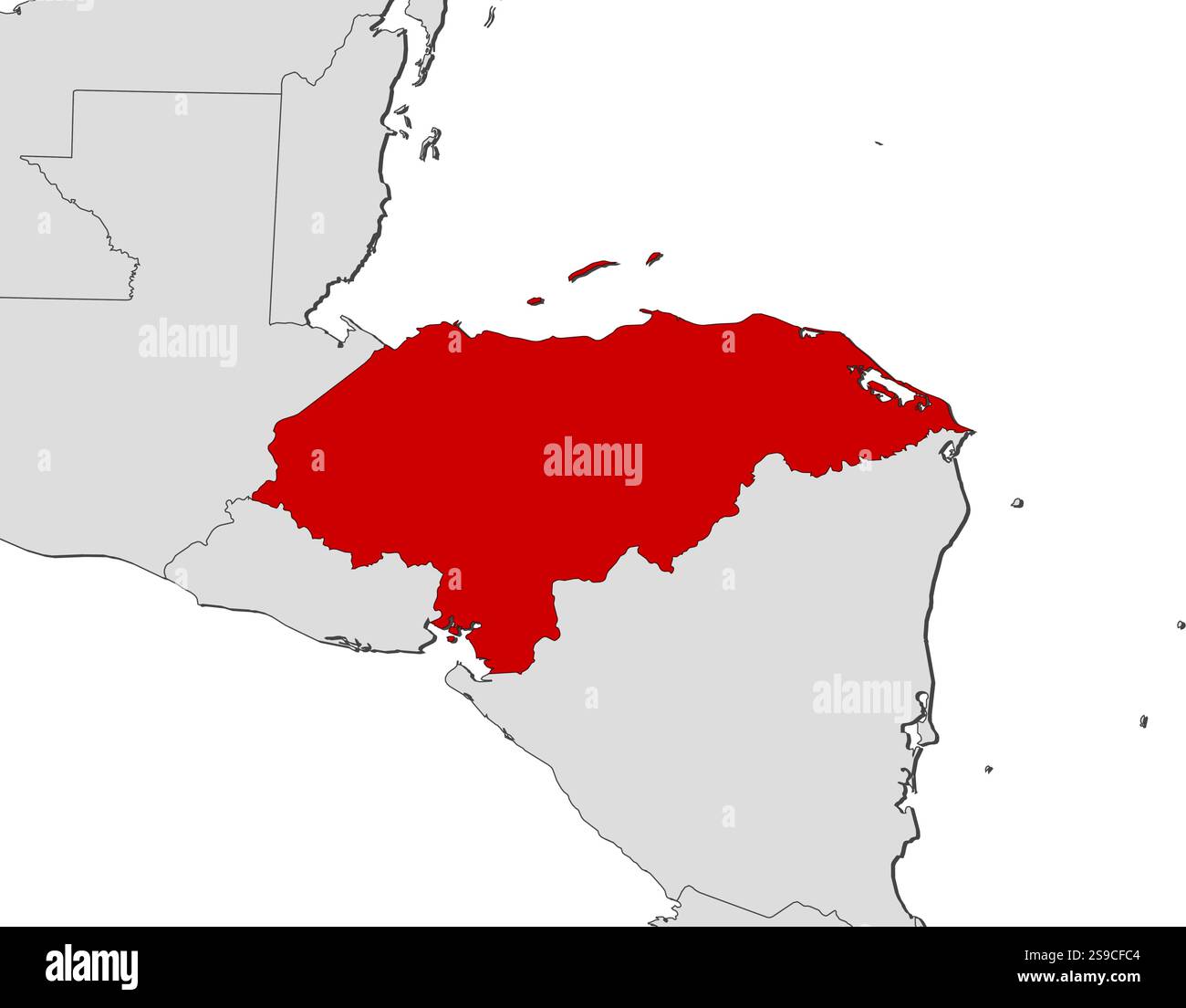 Map of Honduras and nearby countries, Honduras is highlighted in red ...