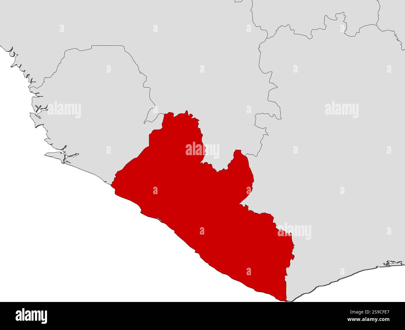 Map of Liberia and nearby countries, Liberia is highlighted in red ...