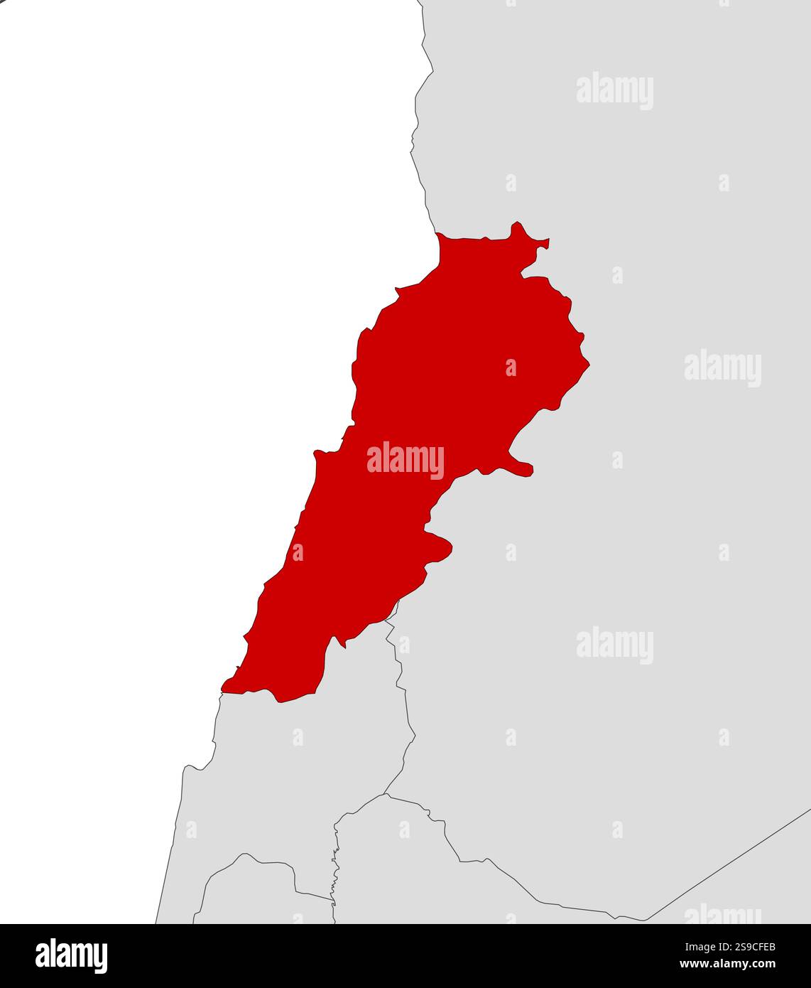 Map of Lebanon and nearby countries, Lebanon is highlighted in red ...