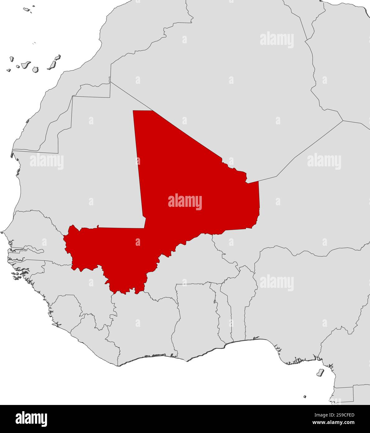 Map of Mali and nearby countries, Mali is highlighted in red Stock ...