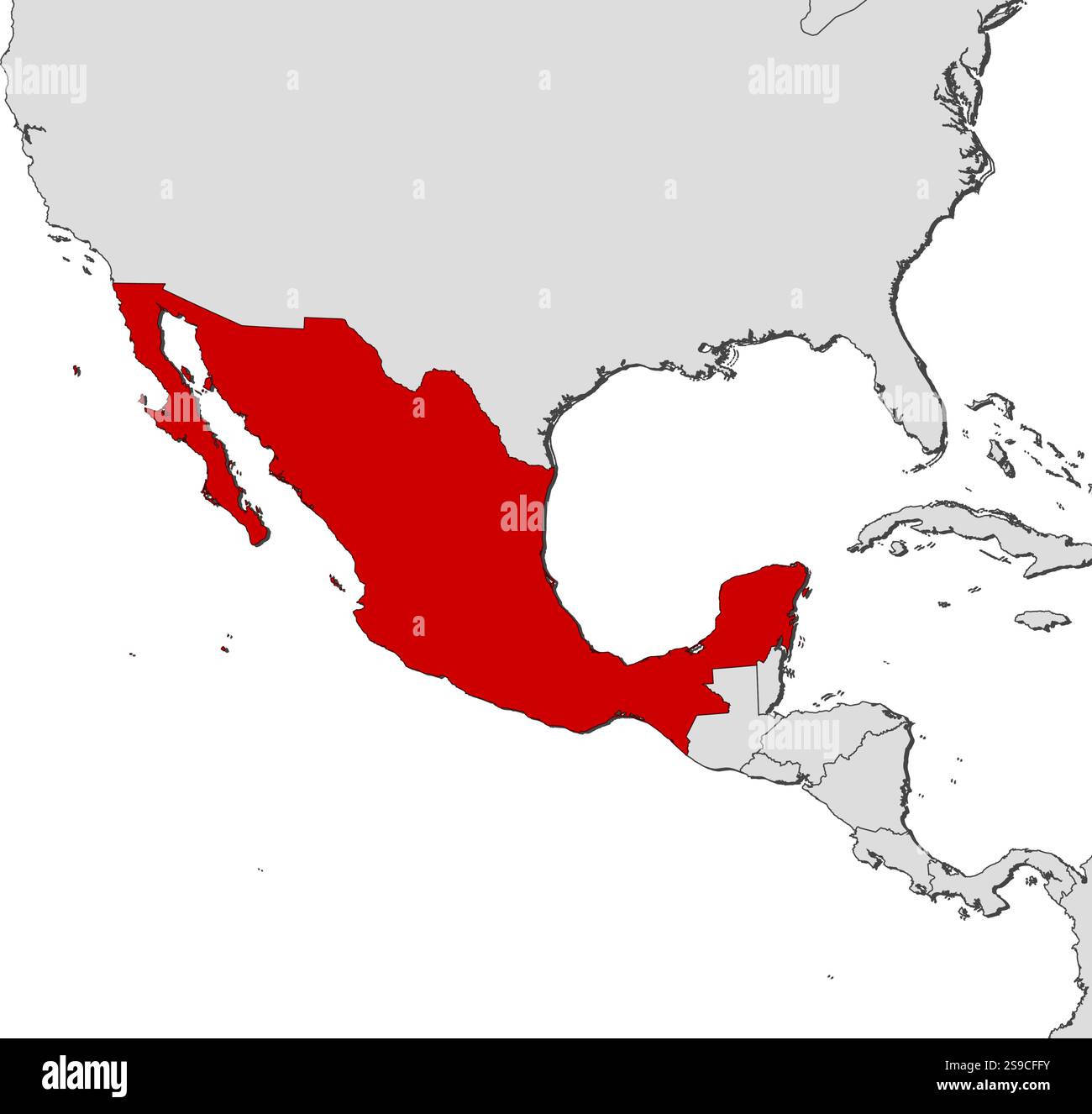Map of Mexico and nearby countries, Mexico is highlighted in red Stock ...