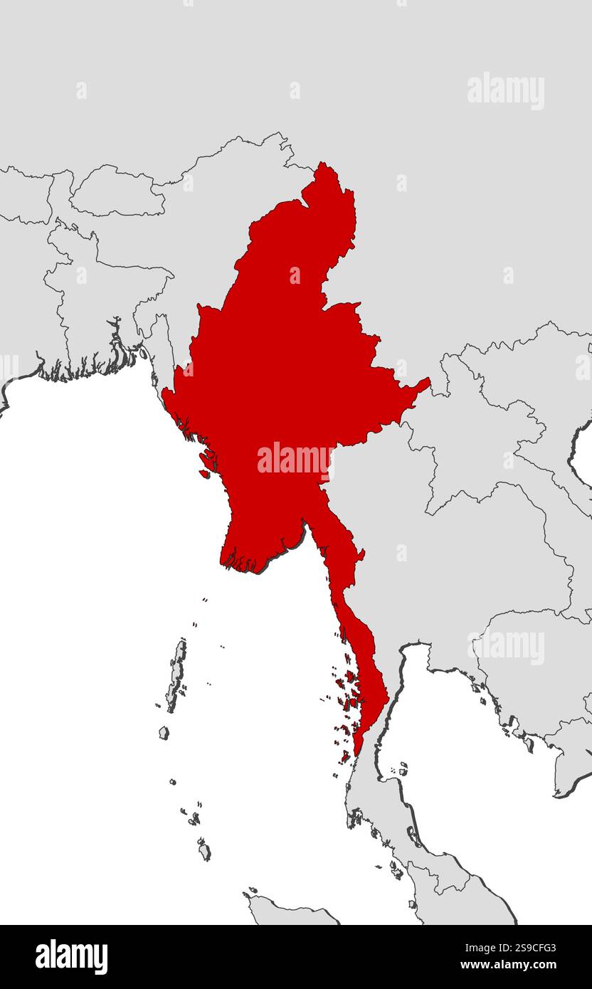 Map of Myanmar and nearby countries, Myanmar is highlighted in red ...
