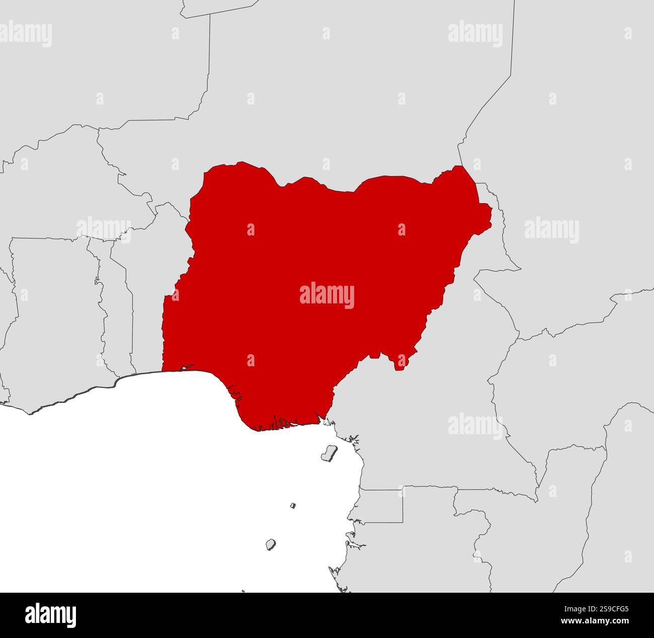Map of Nigeria and nearby countries, Nigeria is highlighted in red ...