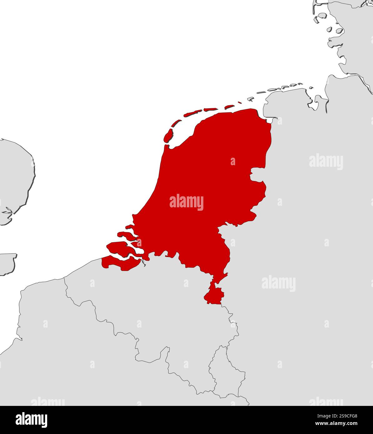 Map of Netherlands and nearby countries, Netherlands is highlighted in ...