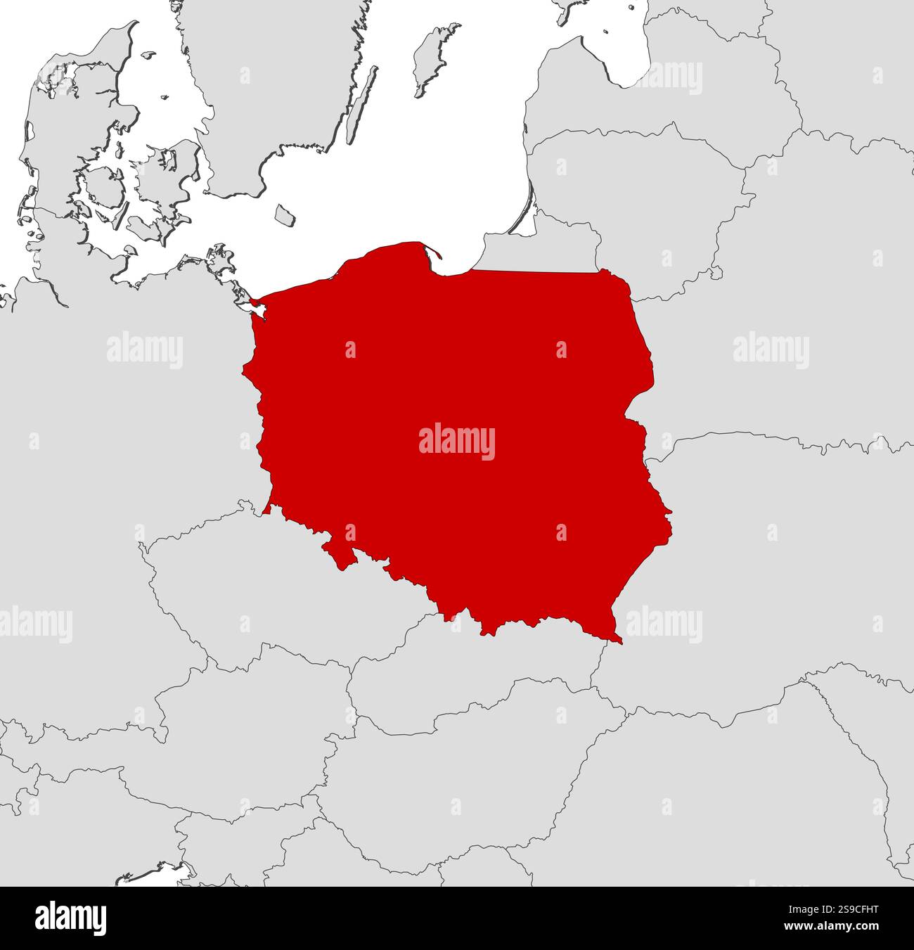 Map of Poland and nearby countries, Poland is highlighted in red Stock ...