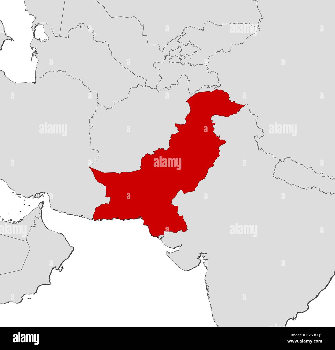Map of Pakistan and nearby countries, Pakistan is highlighted in red ...