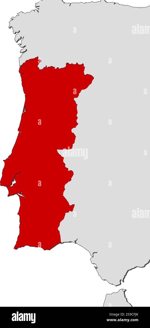 Map of Portugal and nearby countries, Portugal is highlighted in red ...
