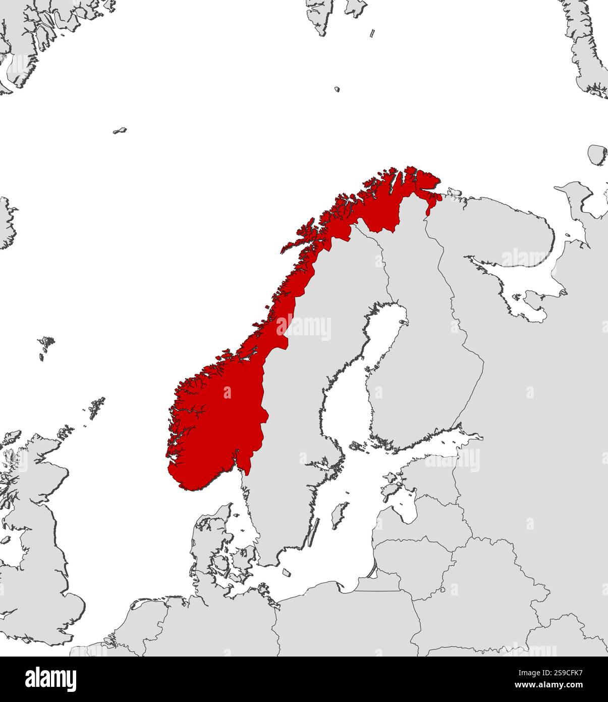 Map of Norway and nearby countries, Norway is highlighted in red Stock ...