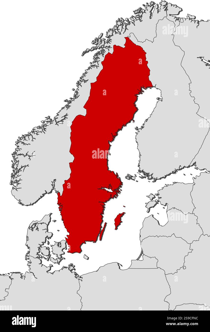Map of Sweden and nearby countries, Sweden is highlighted in red Stock ...