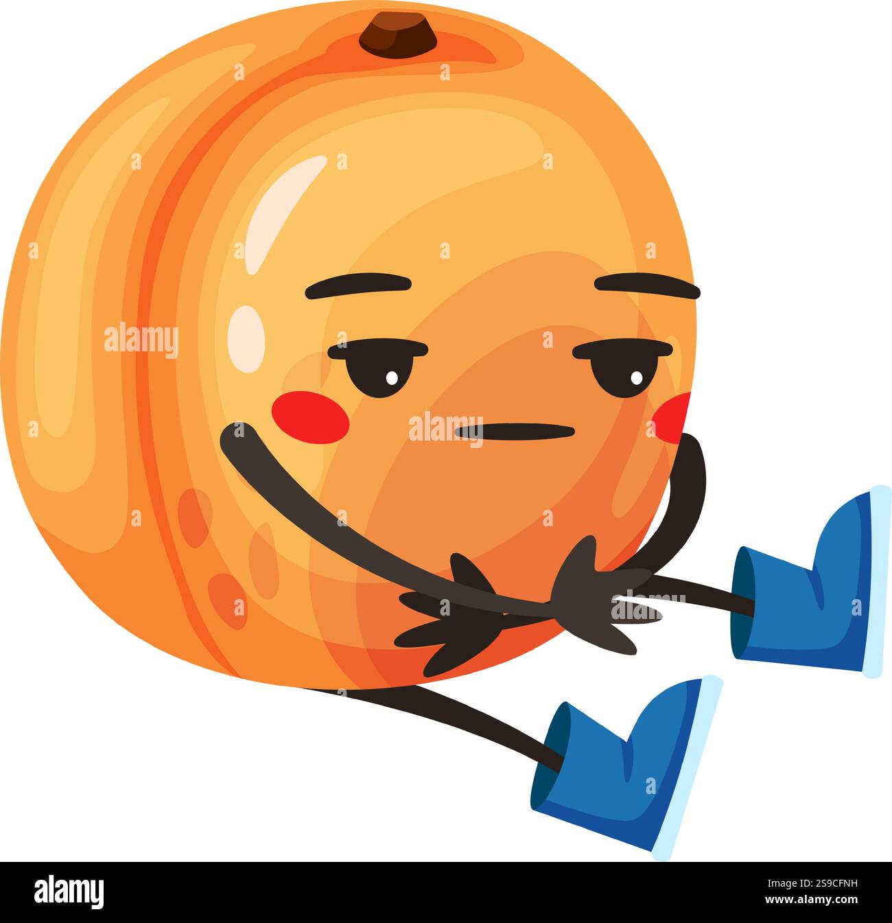 Cartoon apricot character wearing blue boots with arms crossed sitting ...
