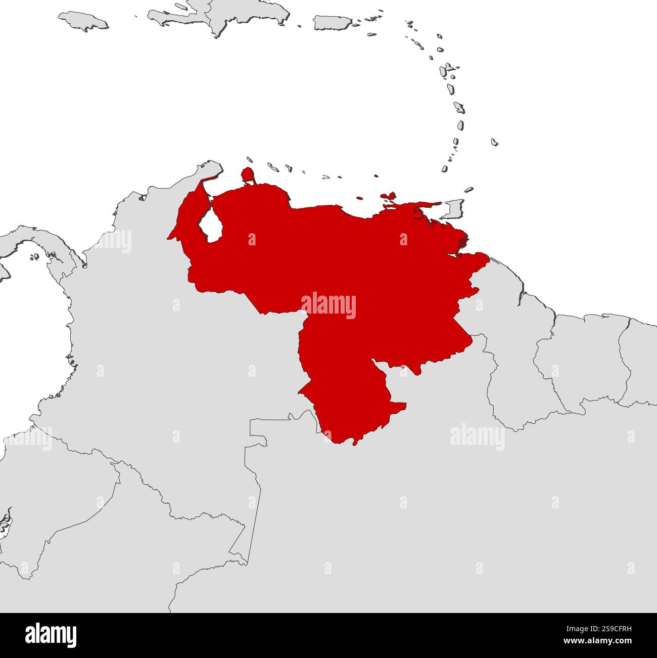 Map of Venezuela and nearby countries, Venezuela is highlighted in red ...