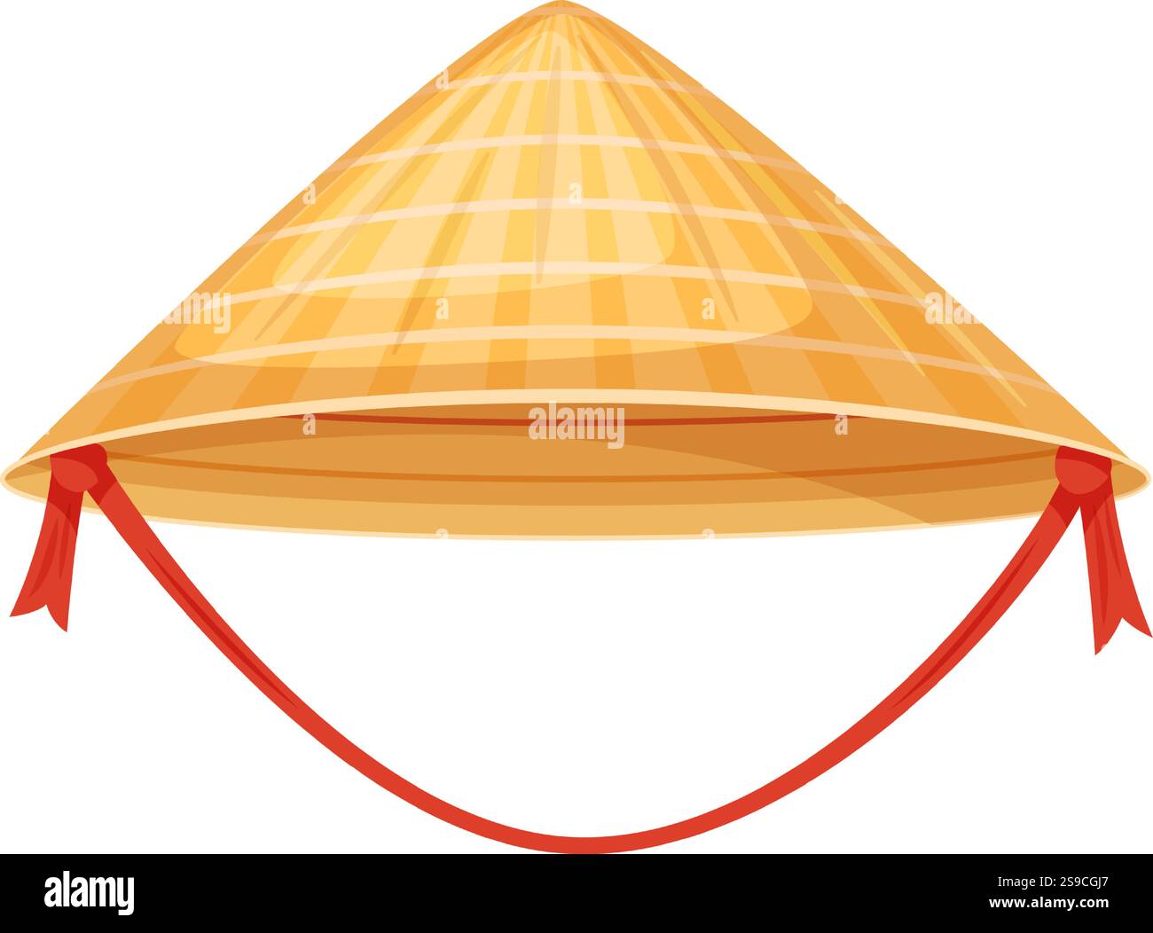 Asian conical hat made of straw with red ribbons, representing ...