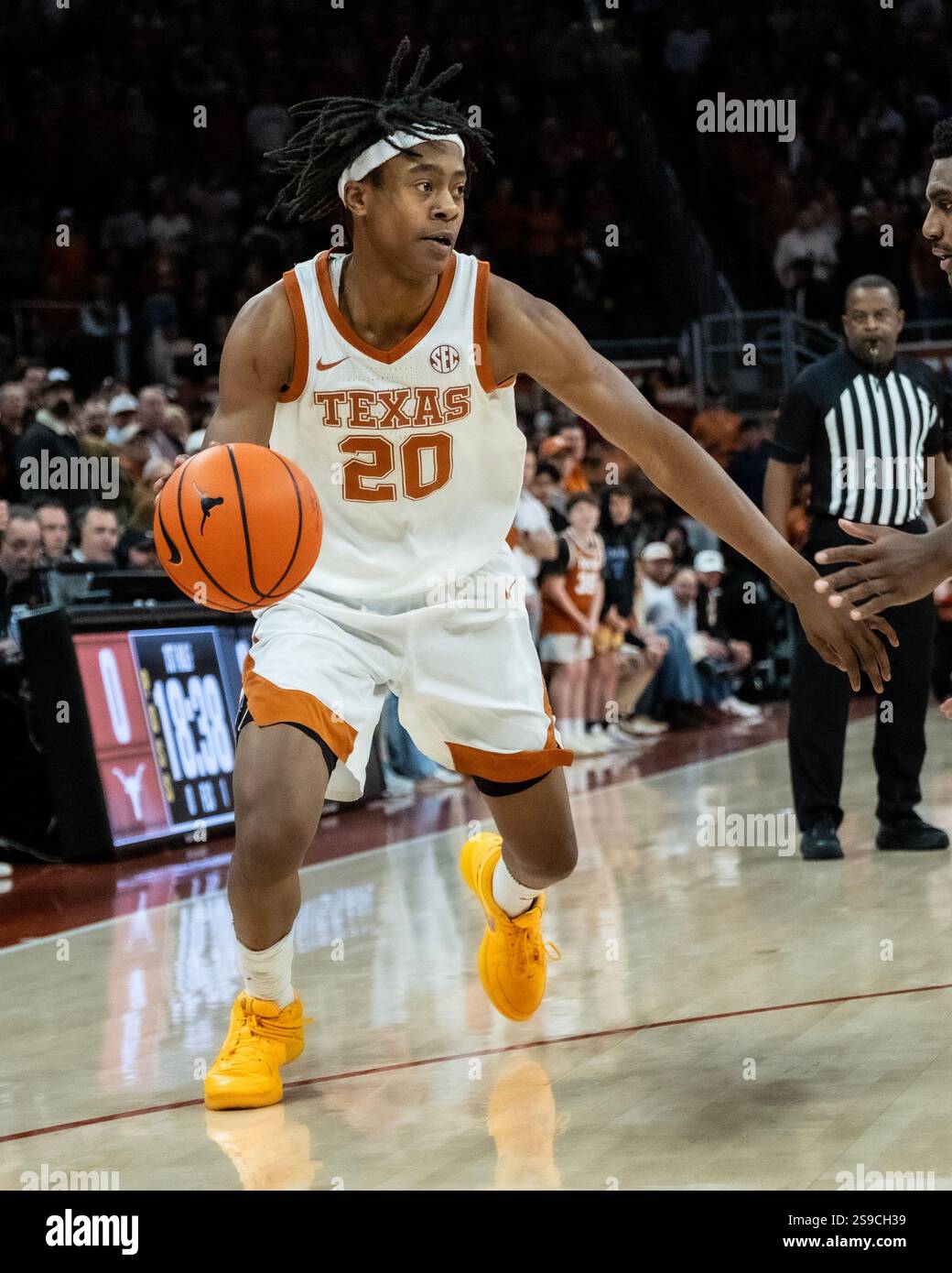 Jan 25, 2025. Tre Johnson (20) of the Texas Longhorns in action vs the ...
