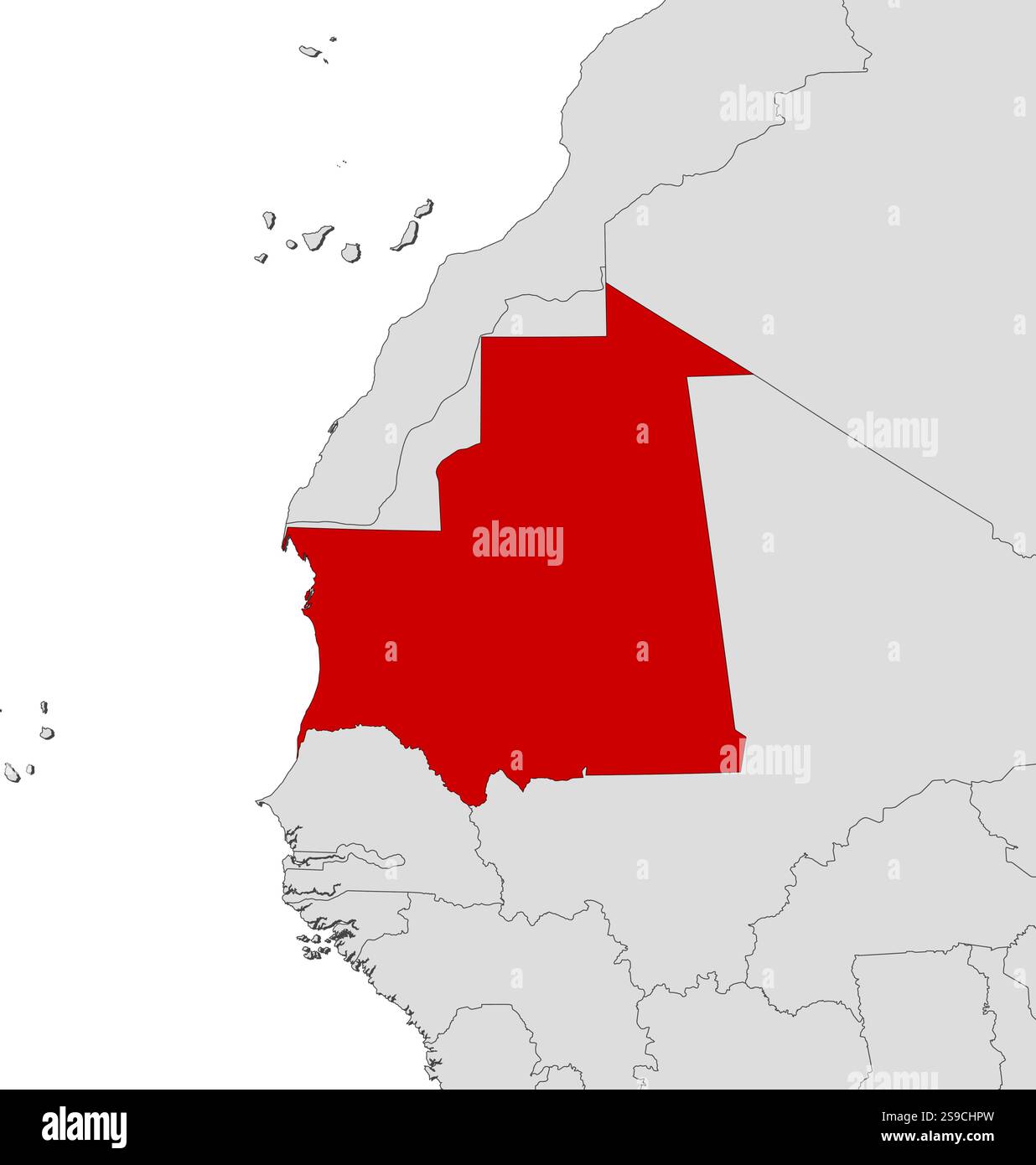 Map of Mauritania and nearby countries, Mauritania is highlighted in ...