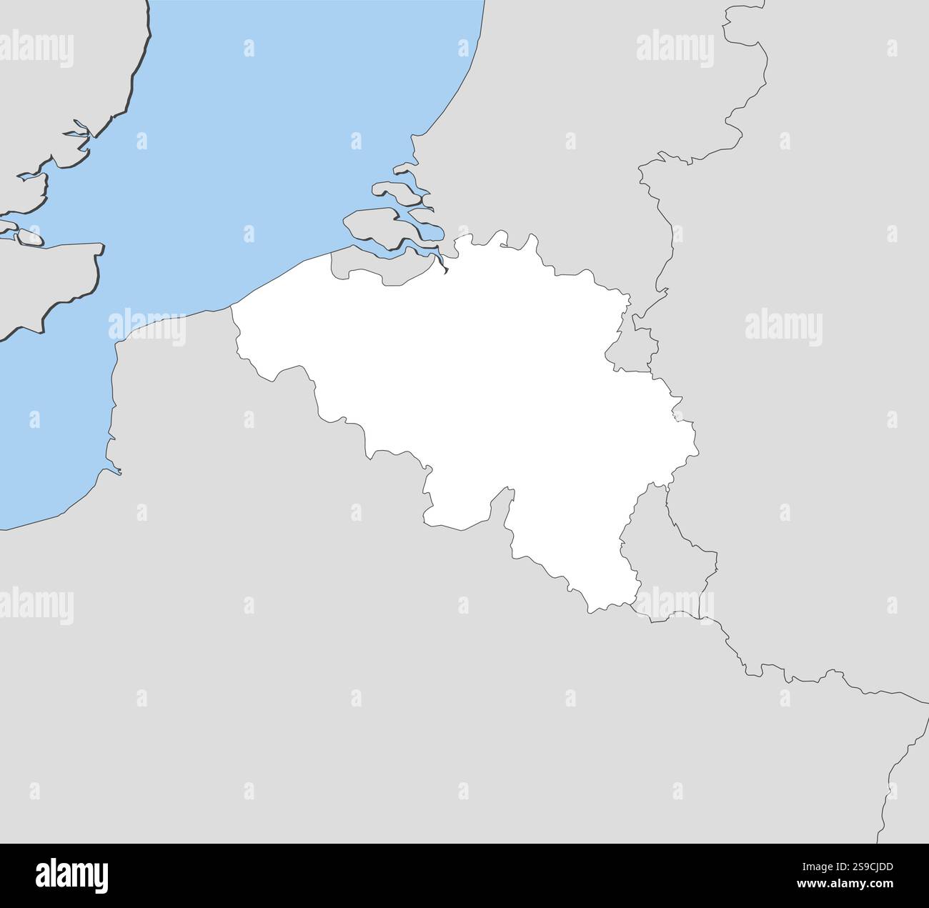 Map of Belgium and nearby countries, Belgium is highlighted in white ...
