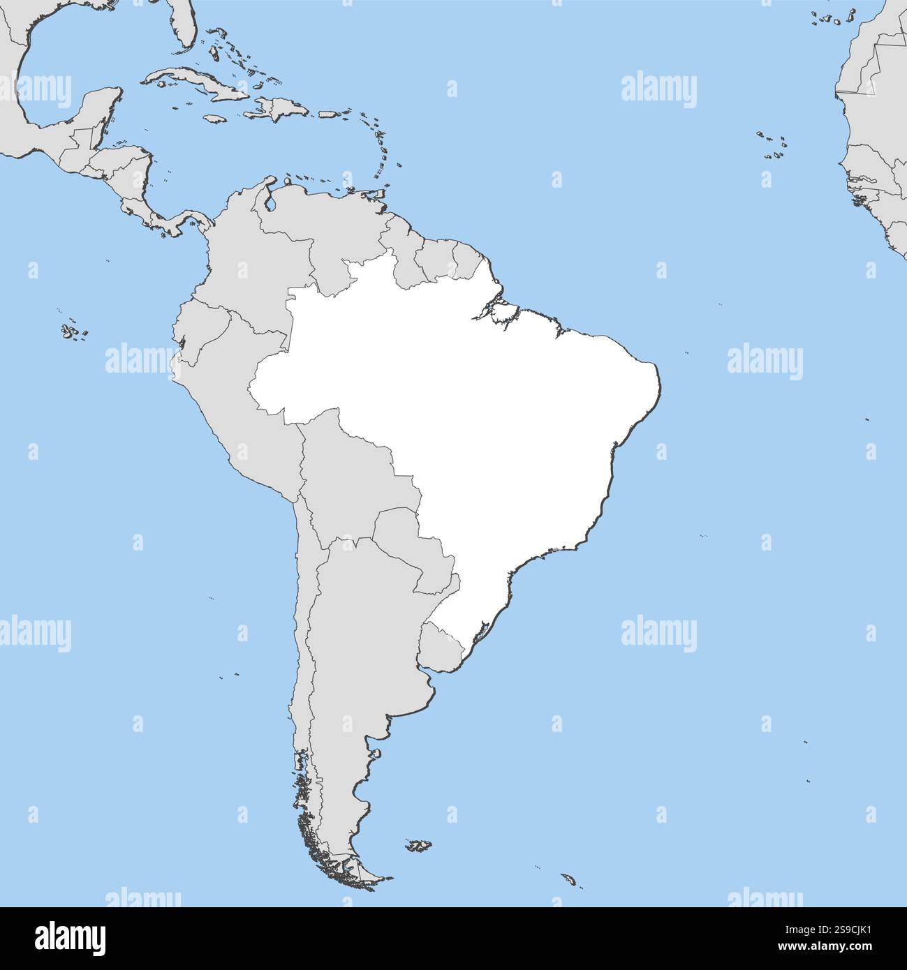 Map of Brazil and nearby countries, Brazil is highlighted in white ...