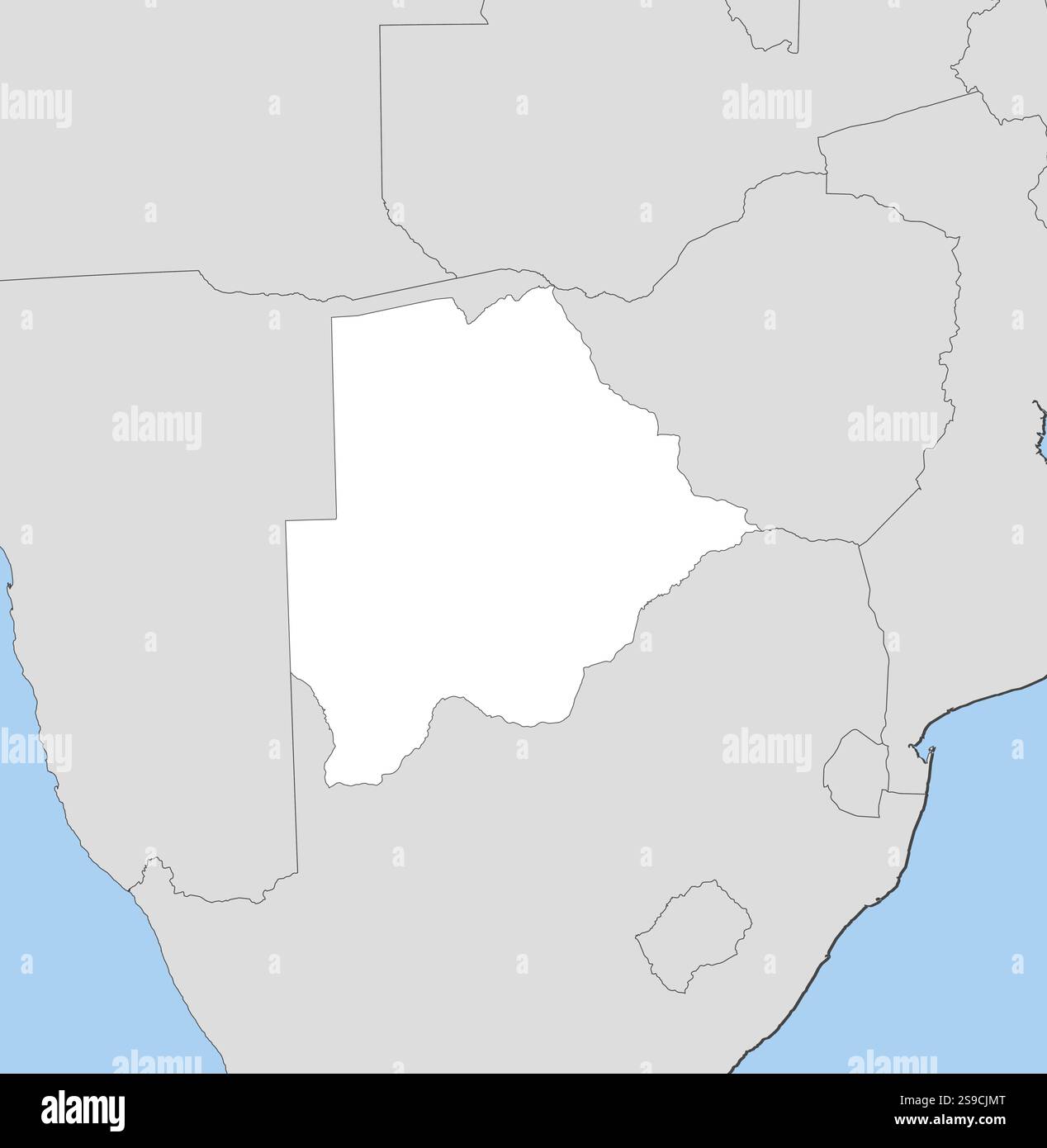 Map of Botswana and nearby countries, Botswana is highlighted in white ...
