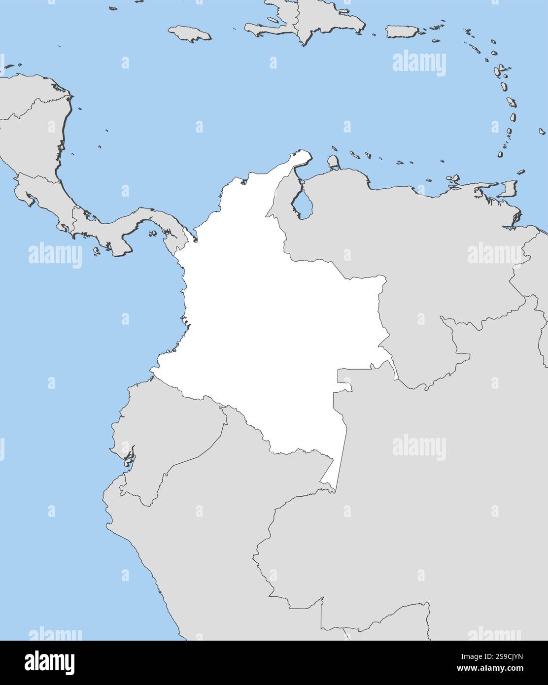 Map of Colombia and nearby countries, Colombia is highlighted in white ...