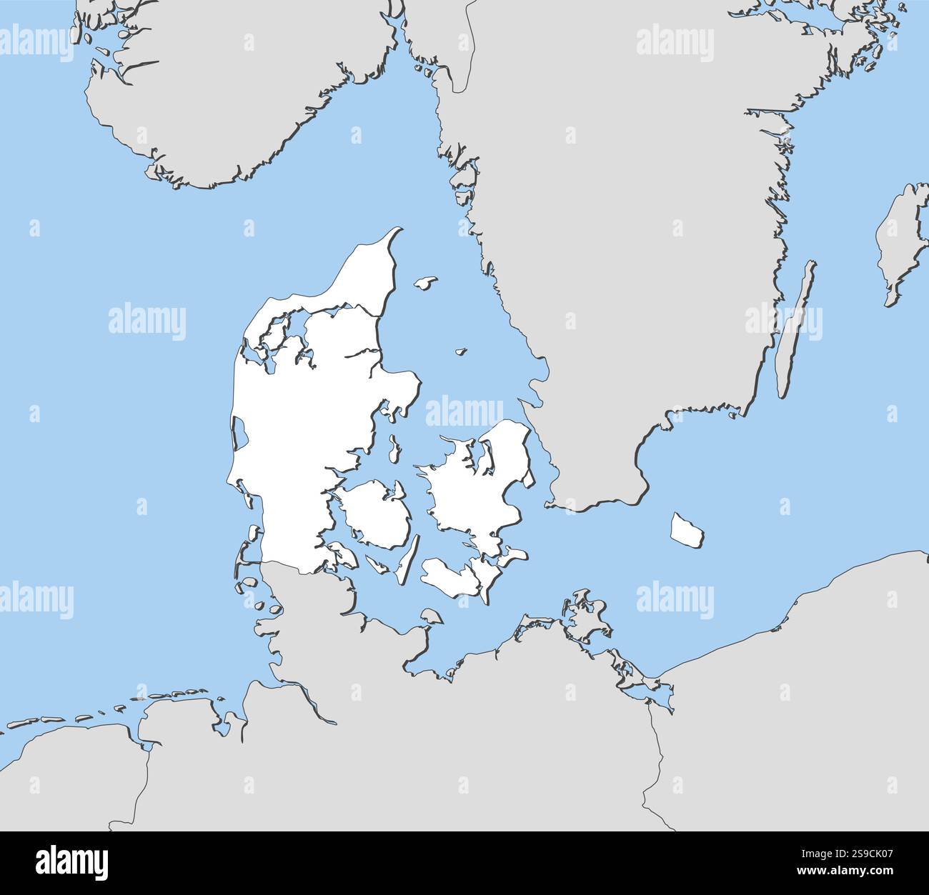 Map of Danmark and nearby countries, Danmark is highlighted in white ...