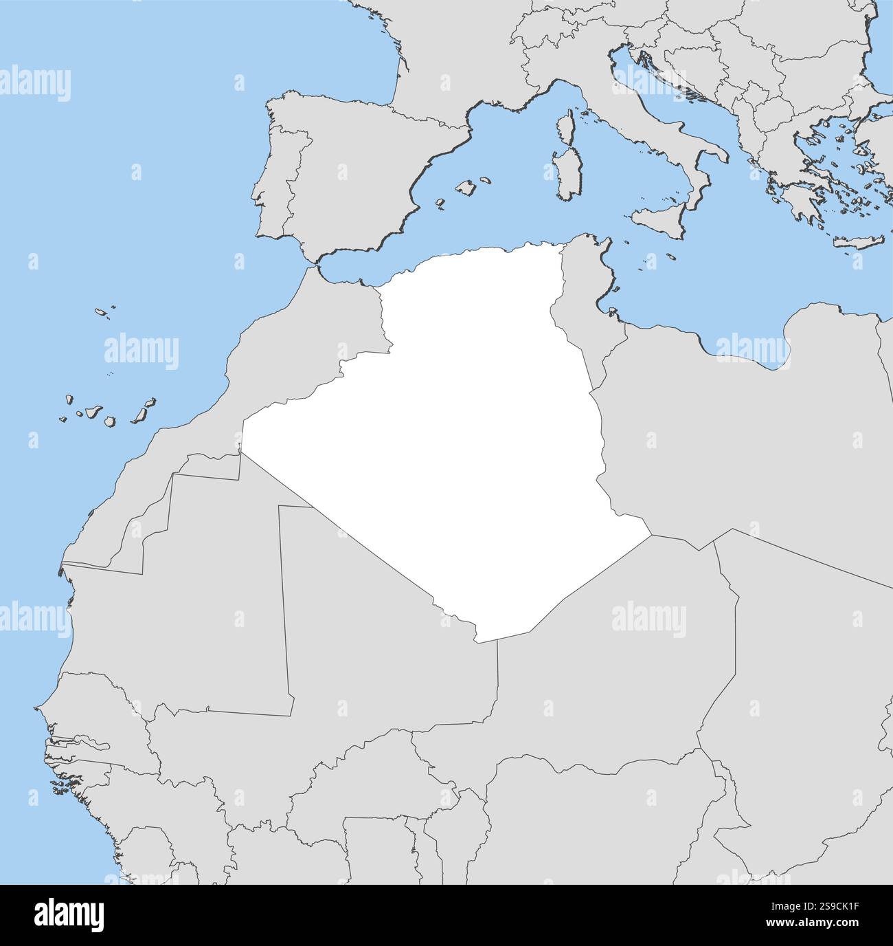 Map of Algeria and nearby countries, Algeria is highlighted in white ...