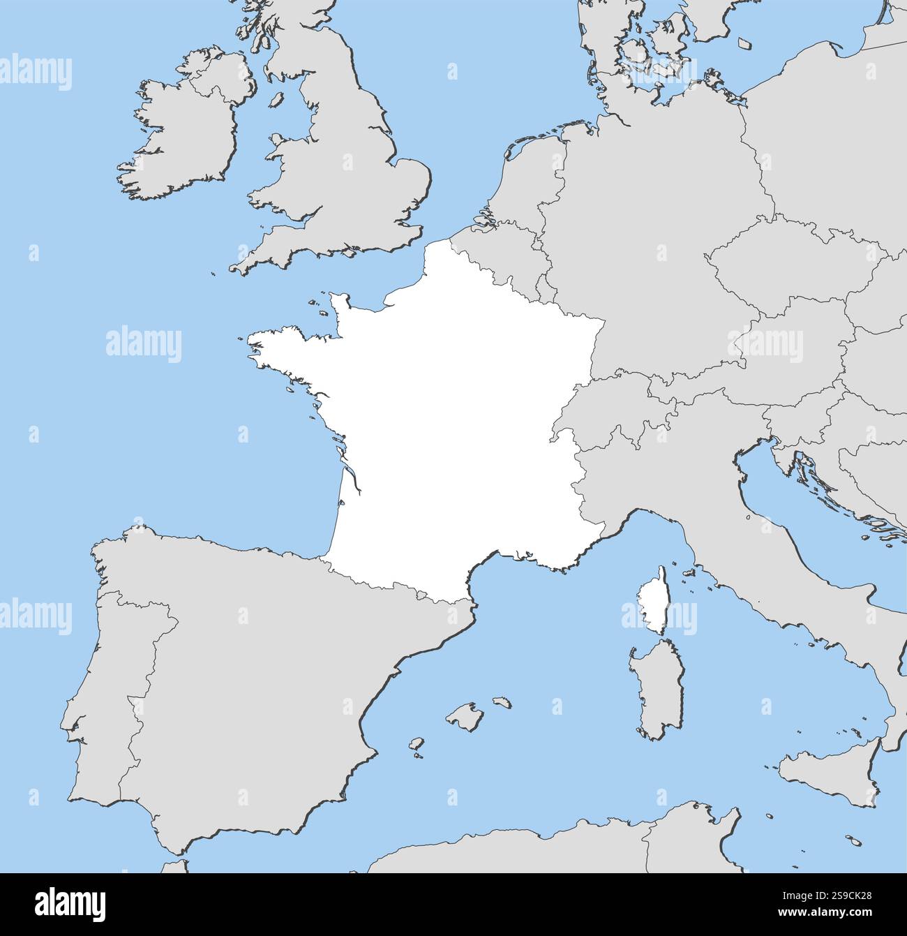Map of France and nearby countries, France is highlighted in white ...