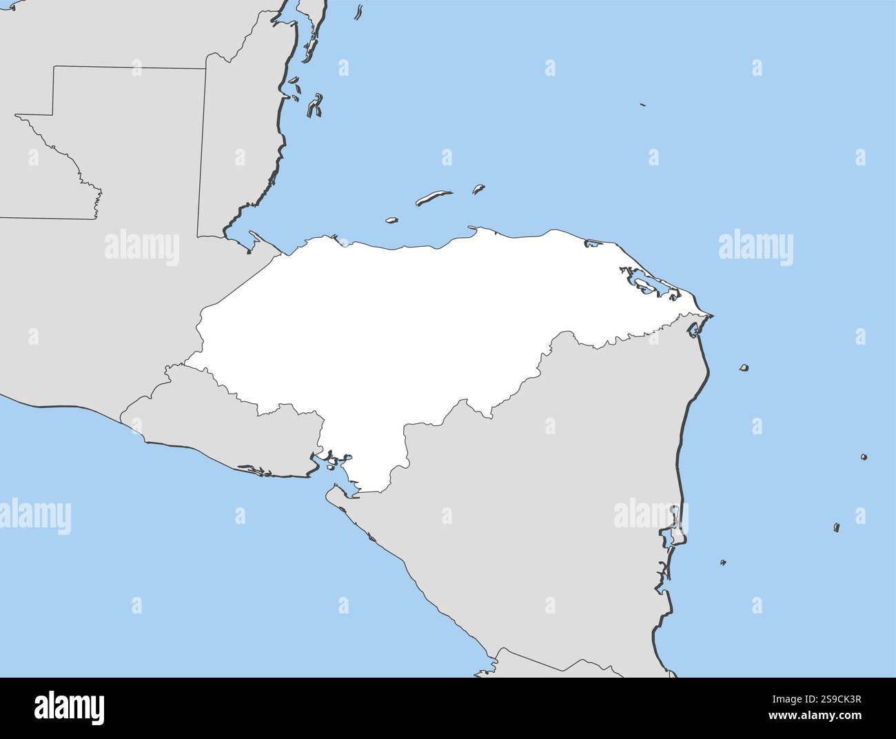 Map of Honduras and nearby countries, Honduras is highlighted in white ...