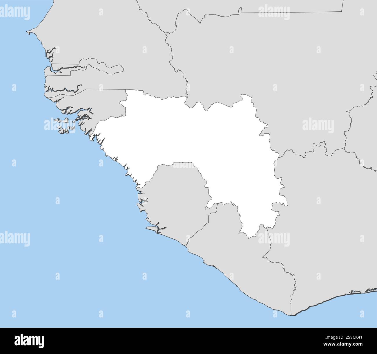 Map of Guinea and nearby countries, Guinea is highlighted in white ...