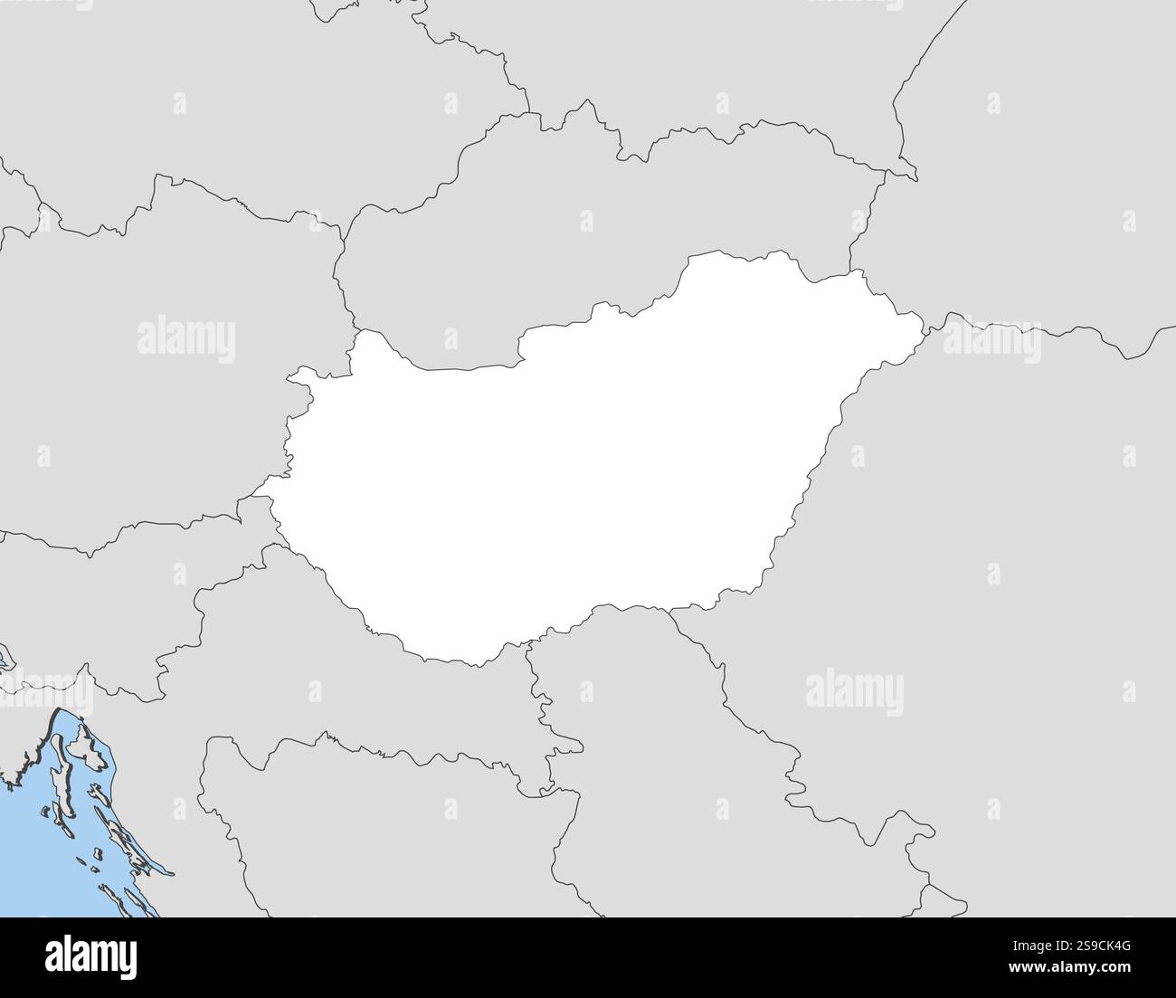 Map of Hungary and nearby countries, Hungary is highlighted in white ...